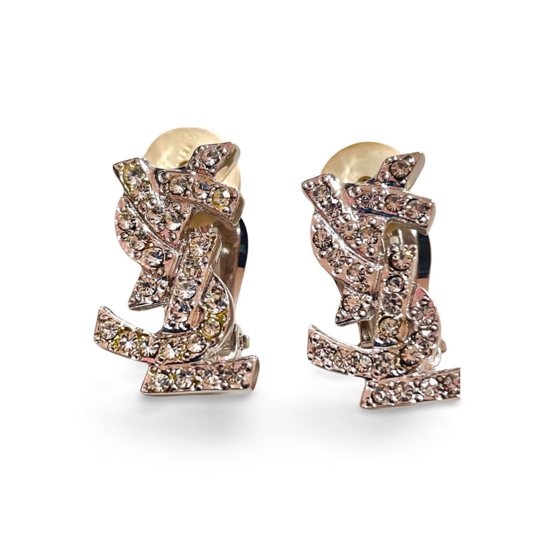 Vintage Yves Saint Laurent Silver YSL Logo Earrings With Crystal Stones ...