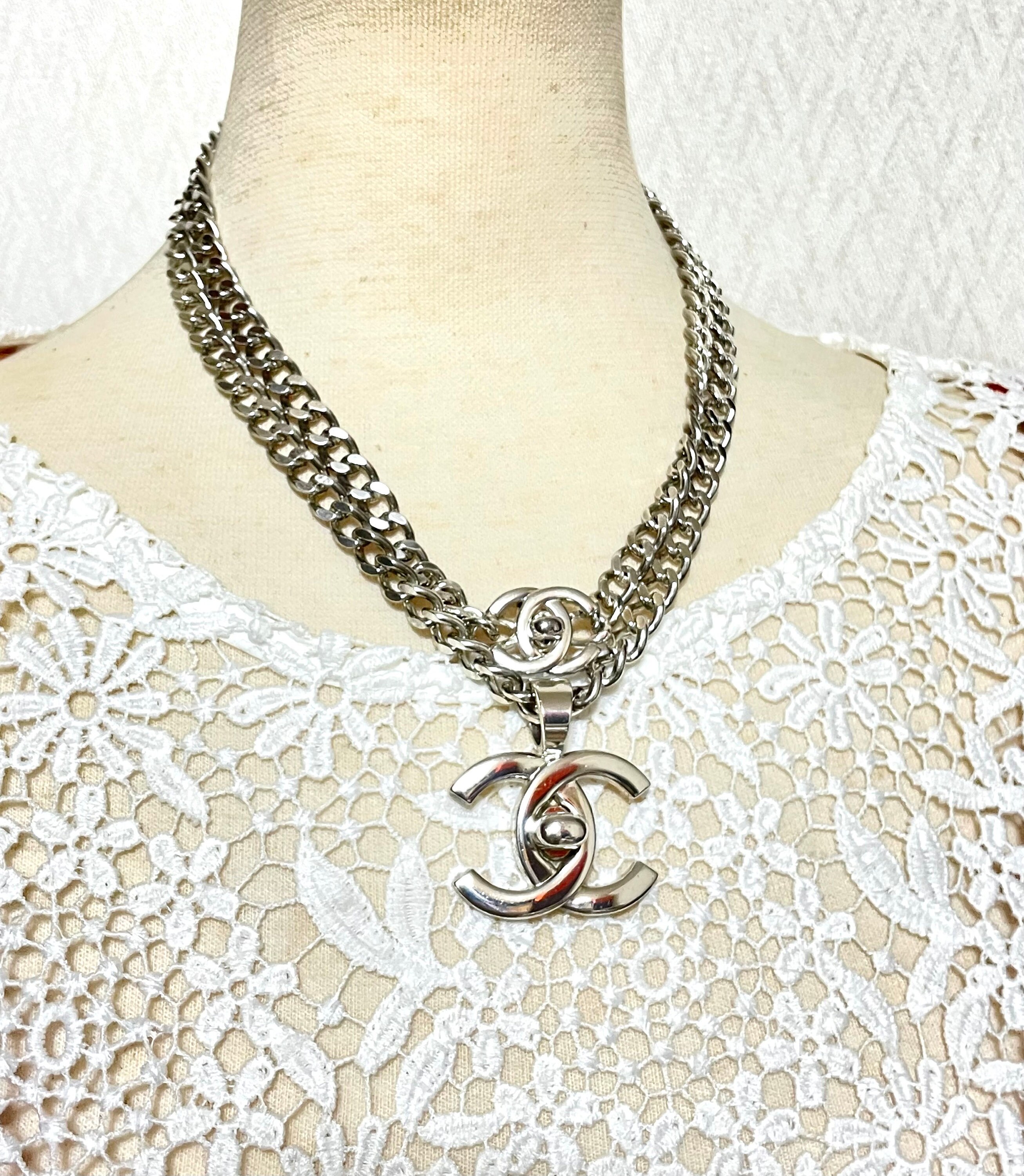 Vintage Chanel turn lock CC silver chain necklace. Double turn lock CC mark long necklace. 051003ac Etsy