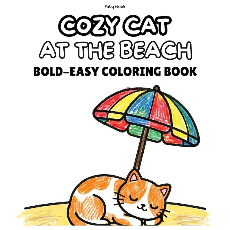 Cozy Cat at the Beach Coloring Pages, Bold Easy Summer Fun (digital ...