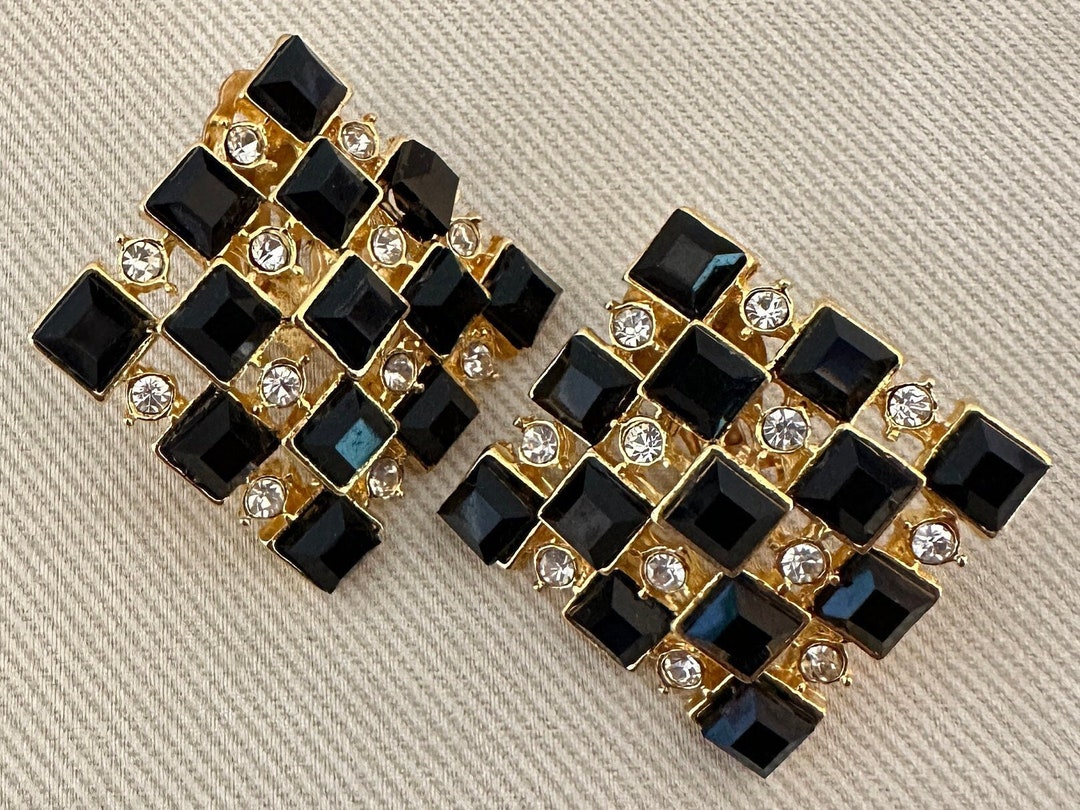 Huge Checkerboard Onyx Crystal Clip on Statement Earrings - Etsy