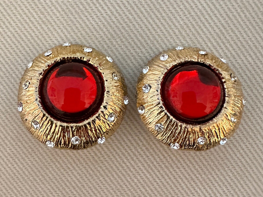 Bold RUBY RED LUCITE Cabochon Clip on Statement Earrings - Etsy