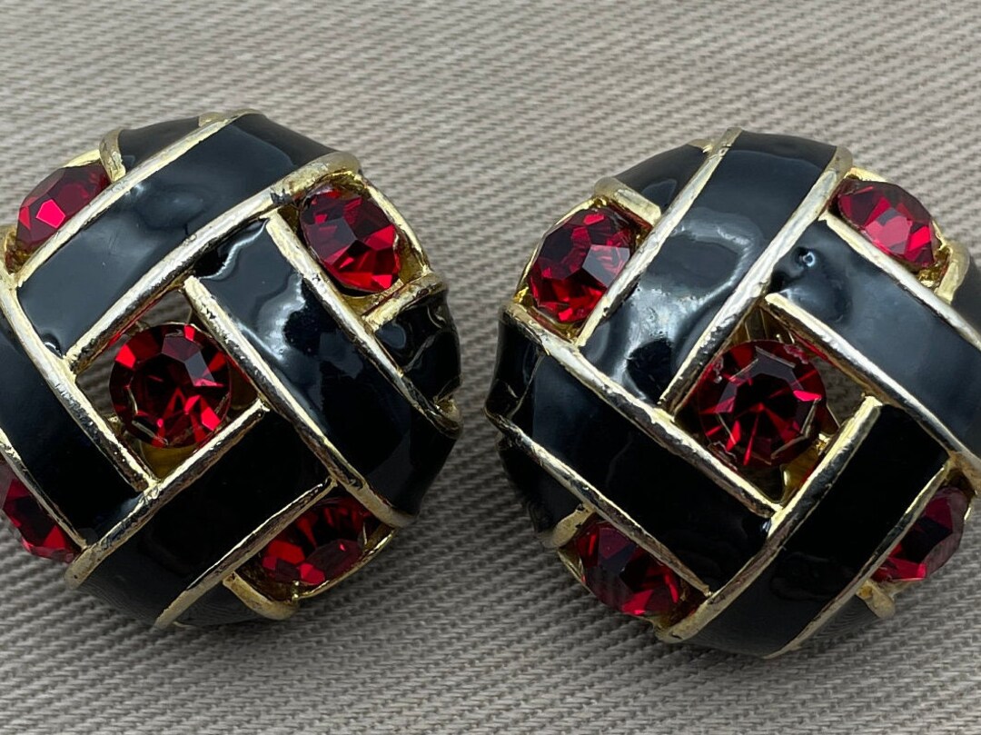 Fab Ruby Red Moghul Statement Ohrringe Glänzend Schwarz Emaille ...