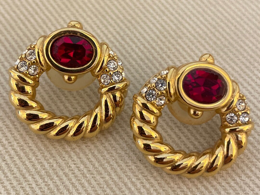 Art Deco Ruby Red Vintage Statement Earrings for Pierced Ears Signed ...