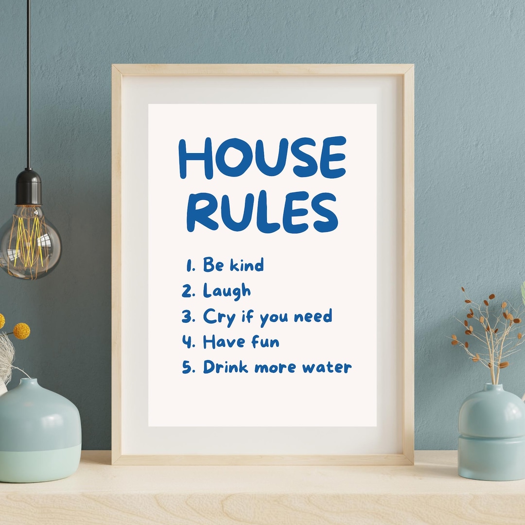 Playful House Rules Print, Blue Hand-lettered Family Poster (digital ...