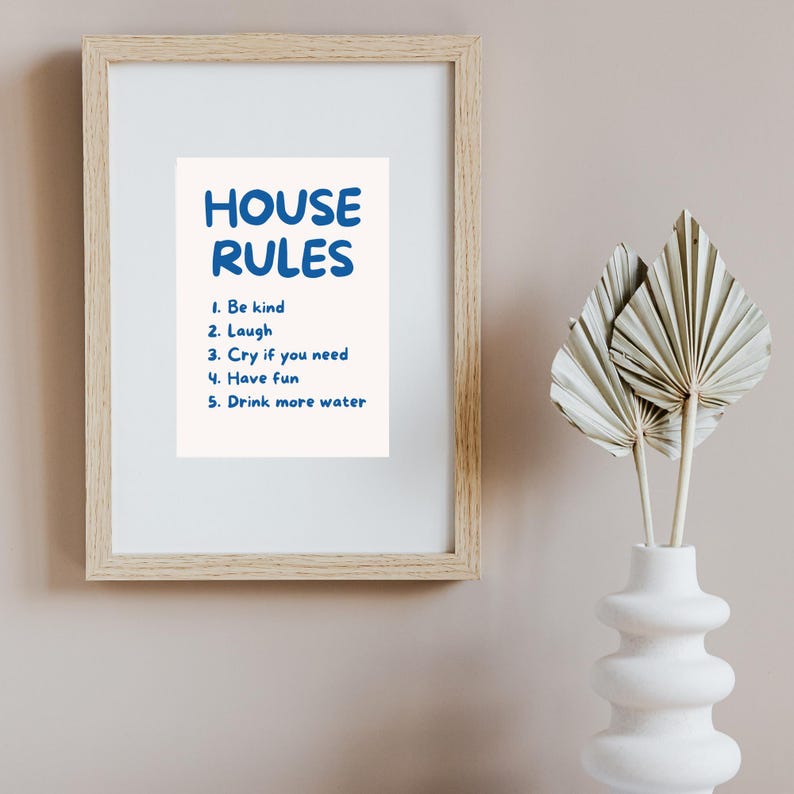Playful House Rules Print, Blue Hand-lettered Family Poster (digital ...