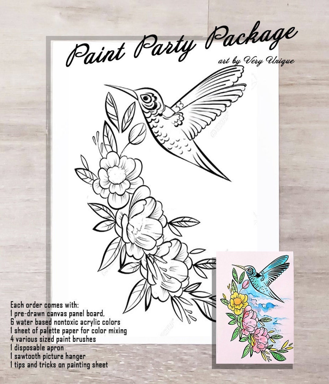 Hummingbird Paint Party PACKAGE, Sip and Paint, Pre-drawn Canvas, DIY ...