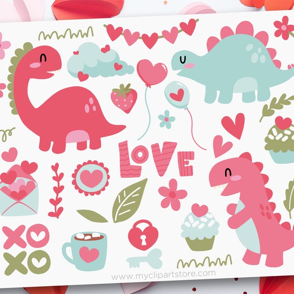 Dinosaur Valentine Clipart - Etsy
