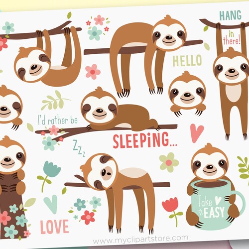 Cute Sloths Clipart Spring Flowers Valentine Clip Art - Etsy