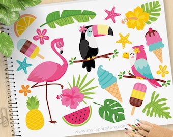 Tropical Summer Clipart Toucan Birds Flamingo Parrot | Etsy