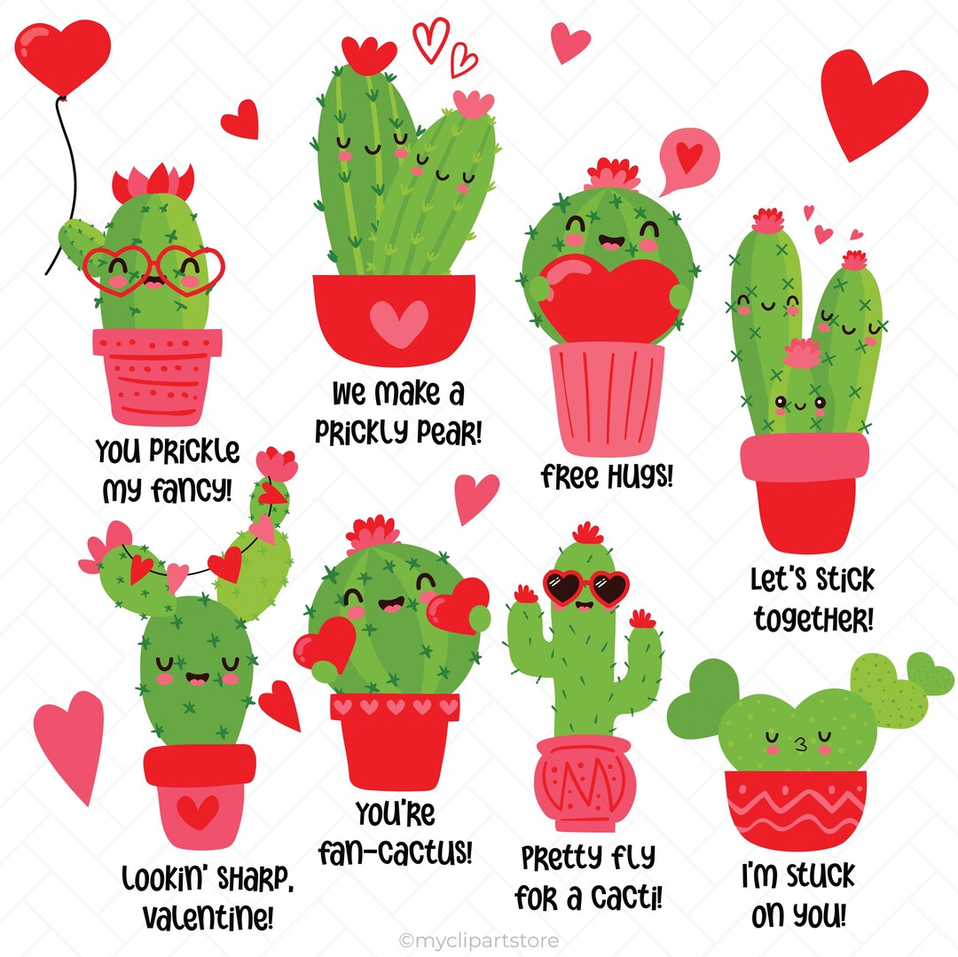 Valentines Clipart Bundle, Cute Cacti Clipart, Kawaii Cactus Stickers ...