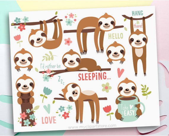 Cute Sloths Clipart, Spring Flowers, Valentine Clip Art, Kawaii Clipart ...