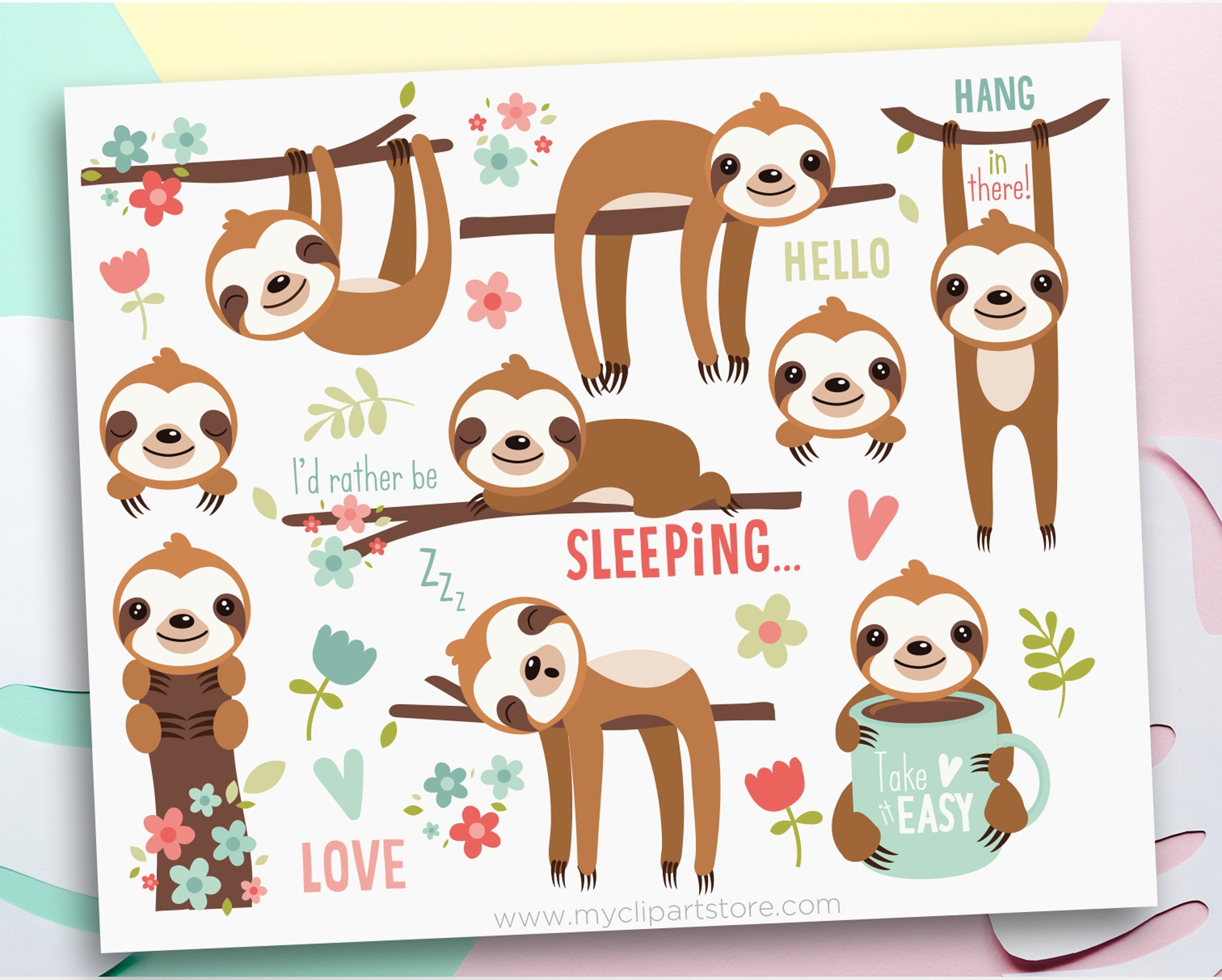 Sloth Clipart, Kawaii Spring Flowers, Commercial Use Graphics (digital ...