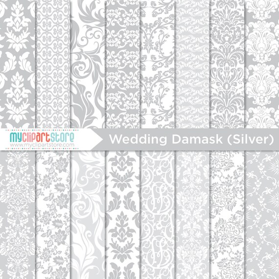 Digital Paper - Wedding Damask, Soft Grey Floral, Baroque Print, Silver ...