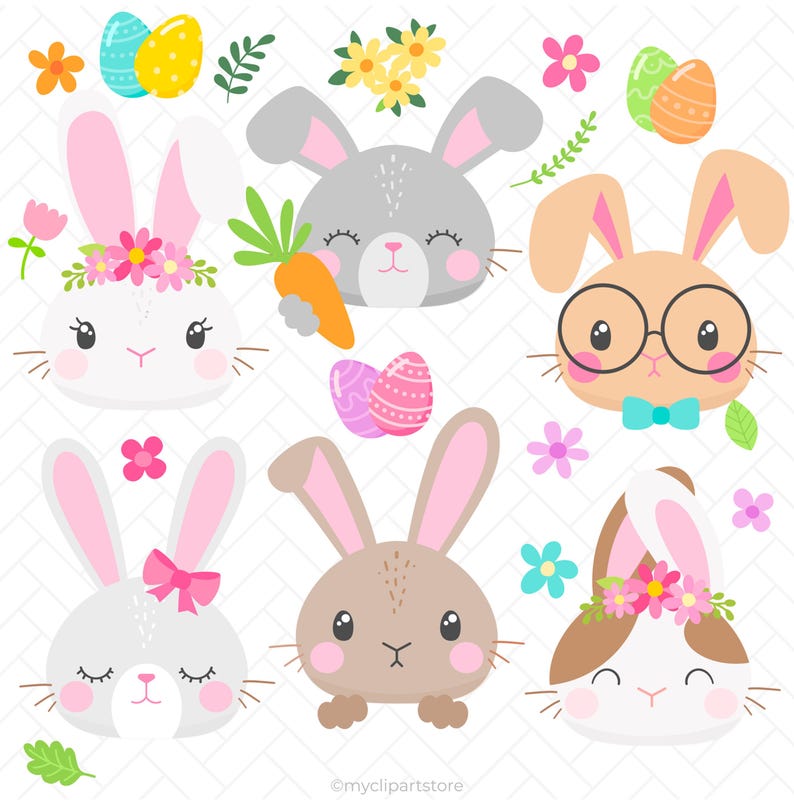 Easter Bunny Clipart, Bunny Faces, Easter Egg Svg, Easter Clipart, Cute ...