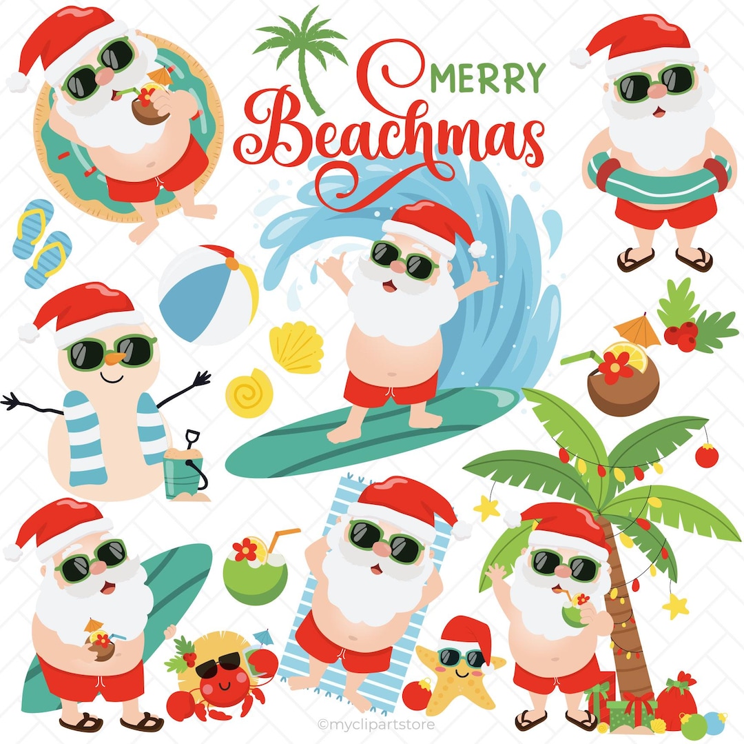 Summer Santa Clipart, Beach Christmas, Tropical Christmas Clipart ...