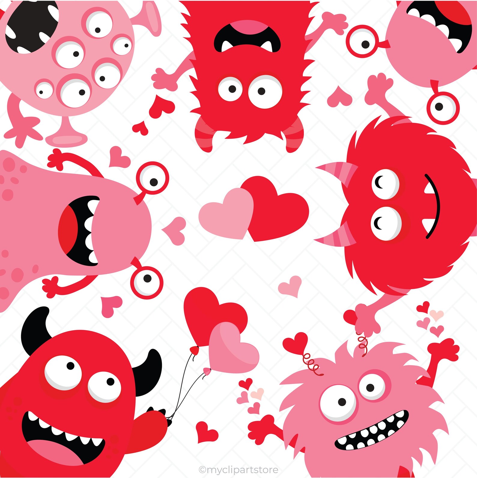Valentine Monsters Clipart, Red & Pink, Funny Love Puns (digital ...