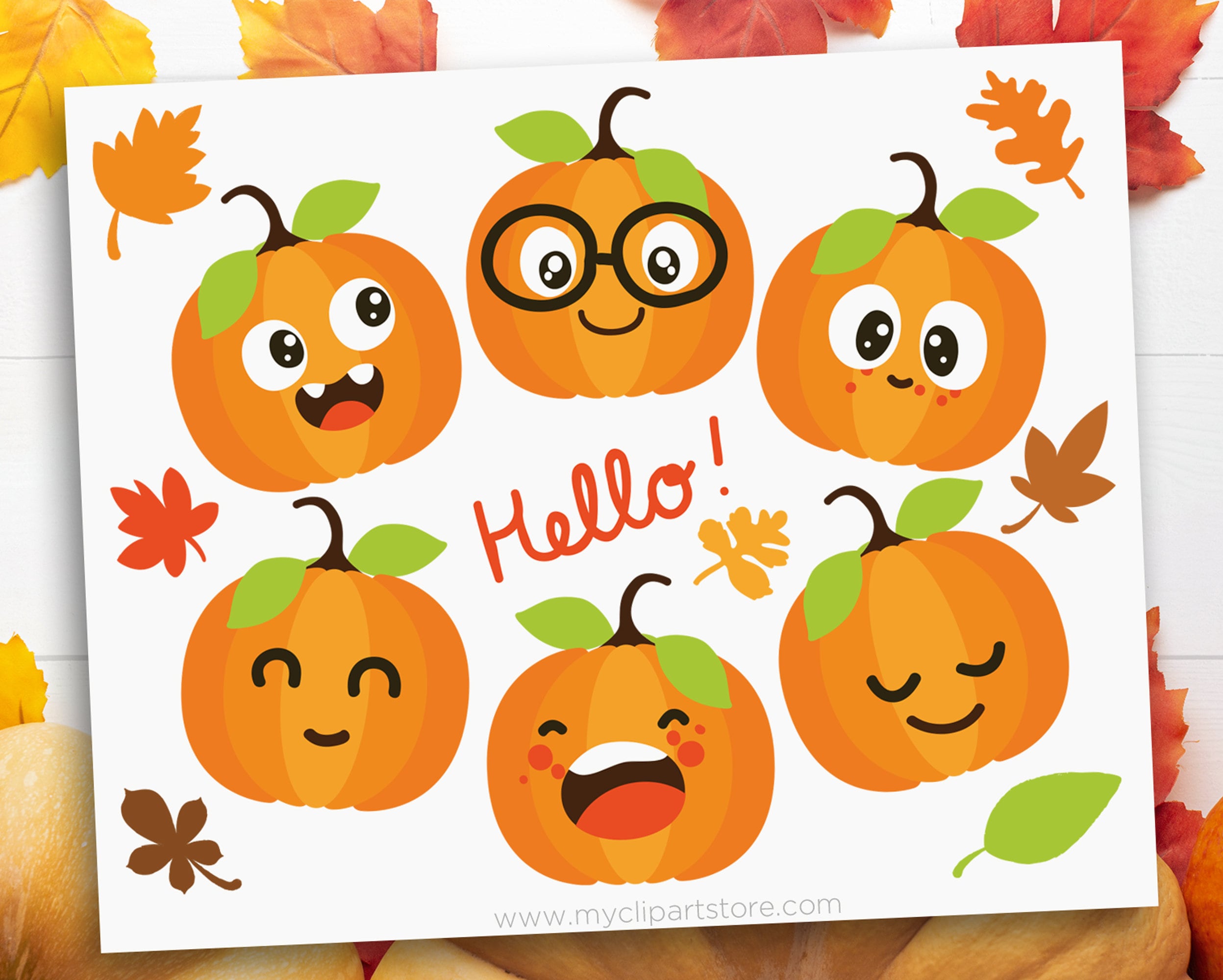 Cute Pumpkins Clipart Fall Autumn Leaves Jack O' | Etsy