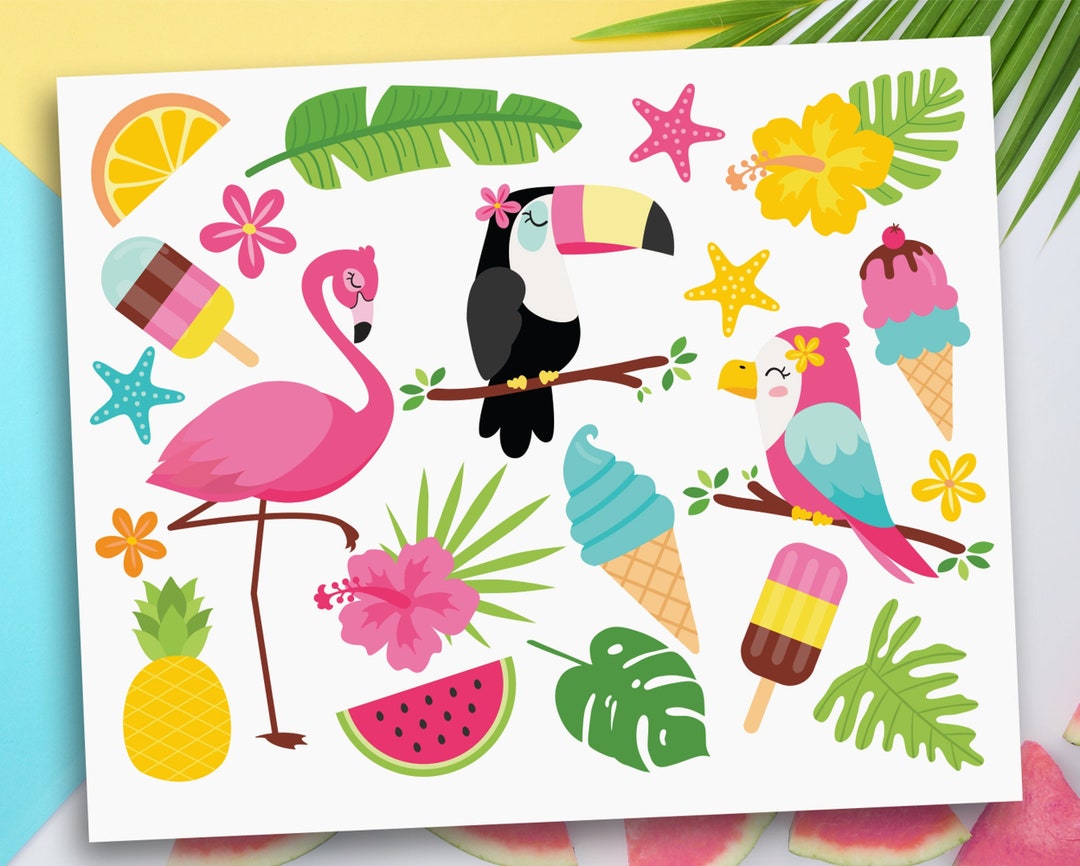 Tropical Summer Clipart, Flamingo Clip Art, Toucan Svg, Tropical Plants ...