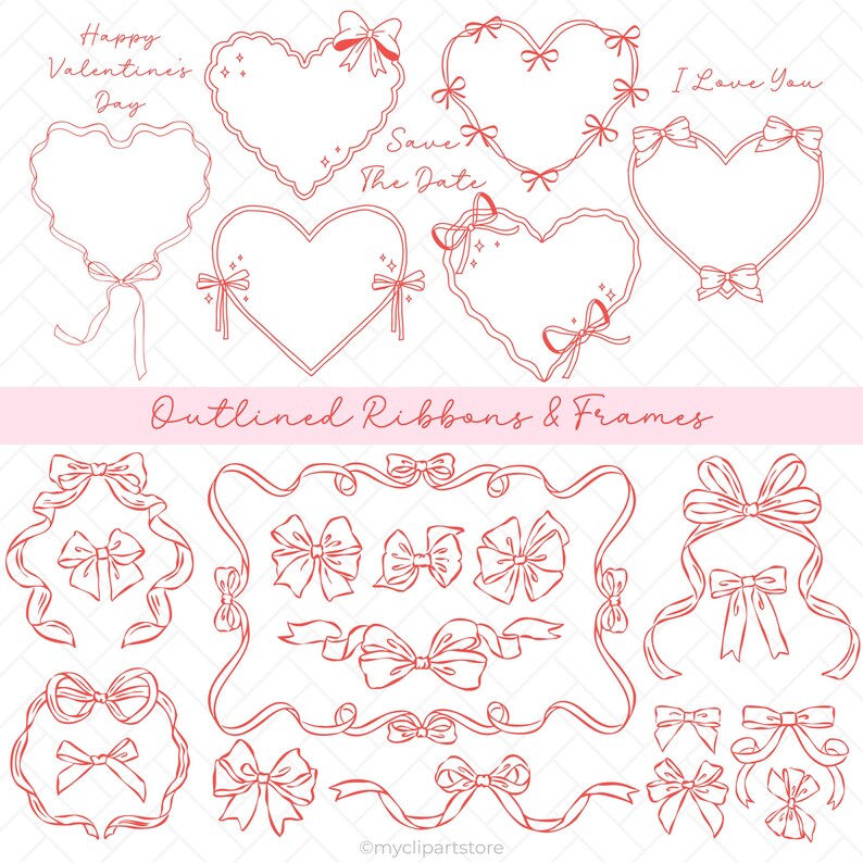 Valentine Clipart: Coquette Pink Ribbons and Bows, Vintage Frames ...