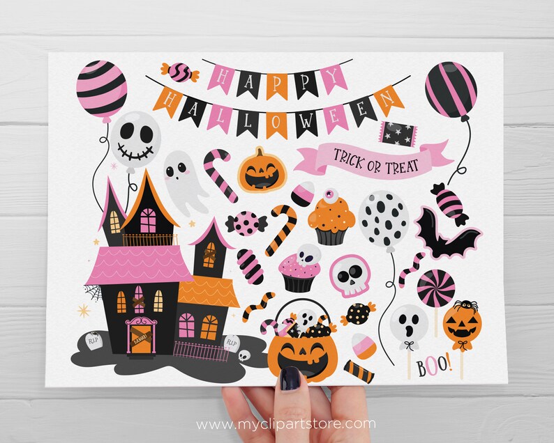 Pink Halloween Clipart, Haunted House, Halloween Candy, Cute Ghost ...