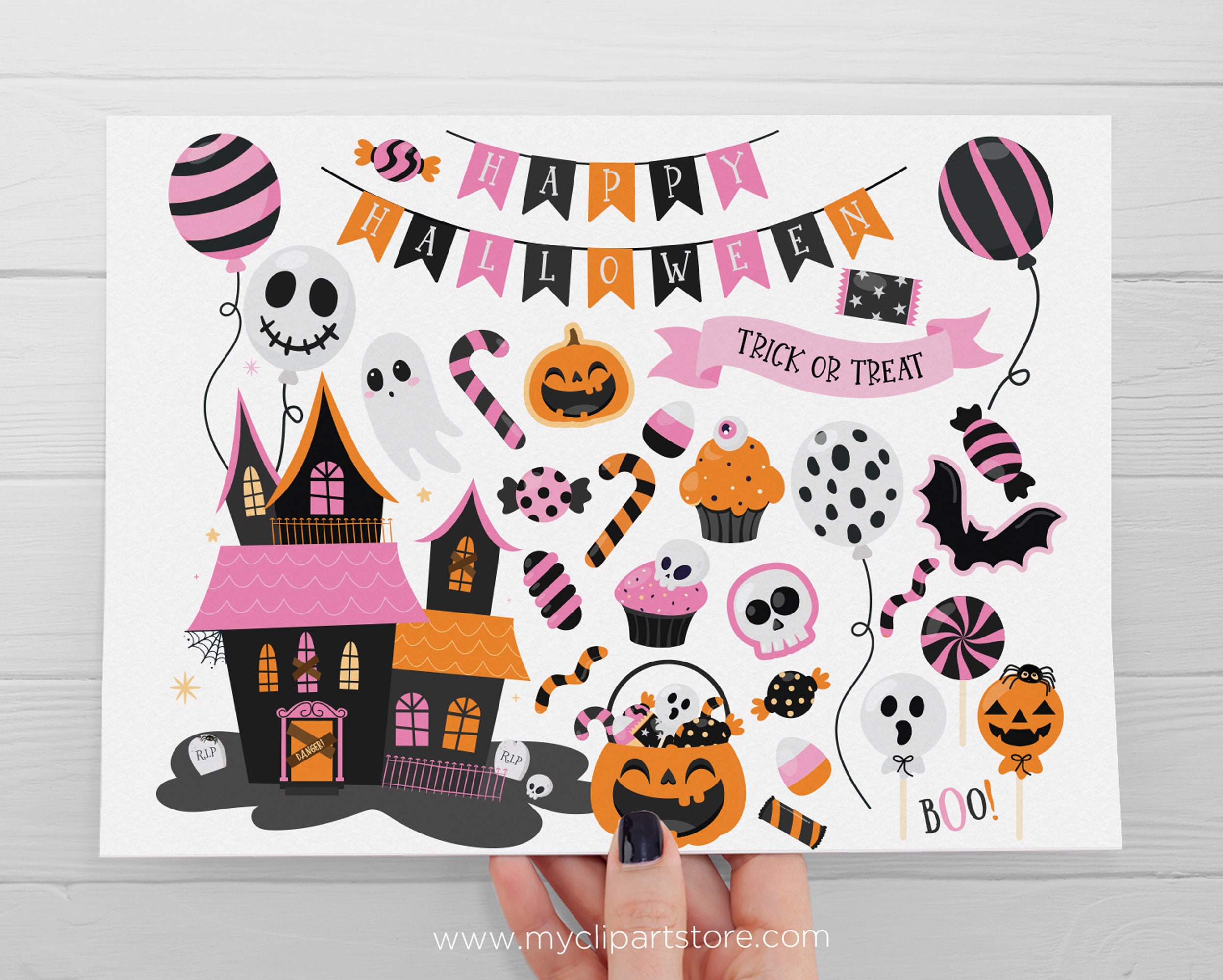 Pink Halloween Clipart, Haunted House, Halloween Candy, Cute Ghost ...