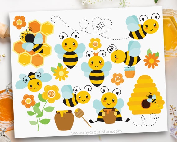 Buzzy Bumble Bees Clipart, Cute bee, Honey Comb, Bee Hive, Spring ...
