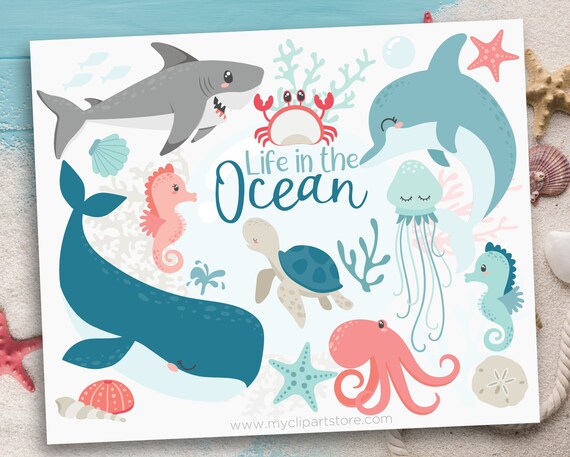 Ocean Life Clipart, Under The Sea, Shark, Whale, Dolphin, Jellyfish ...