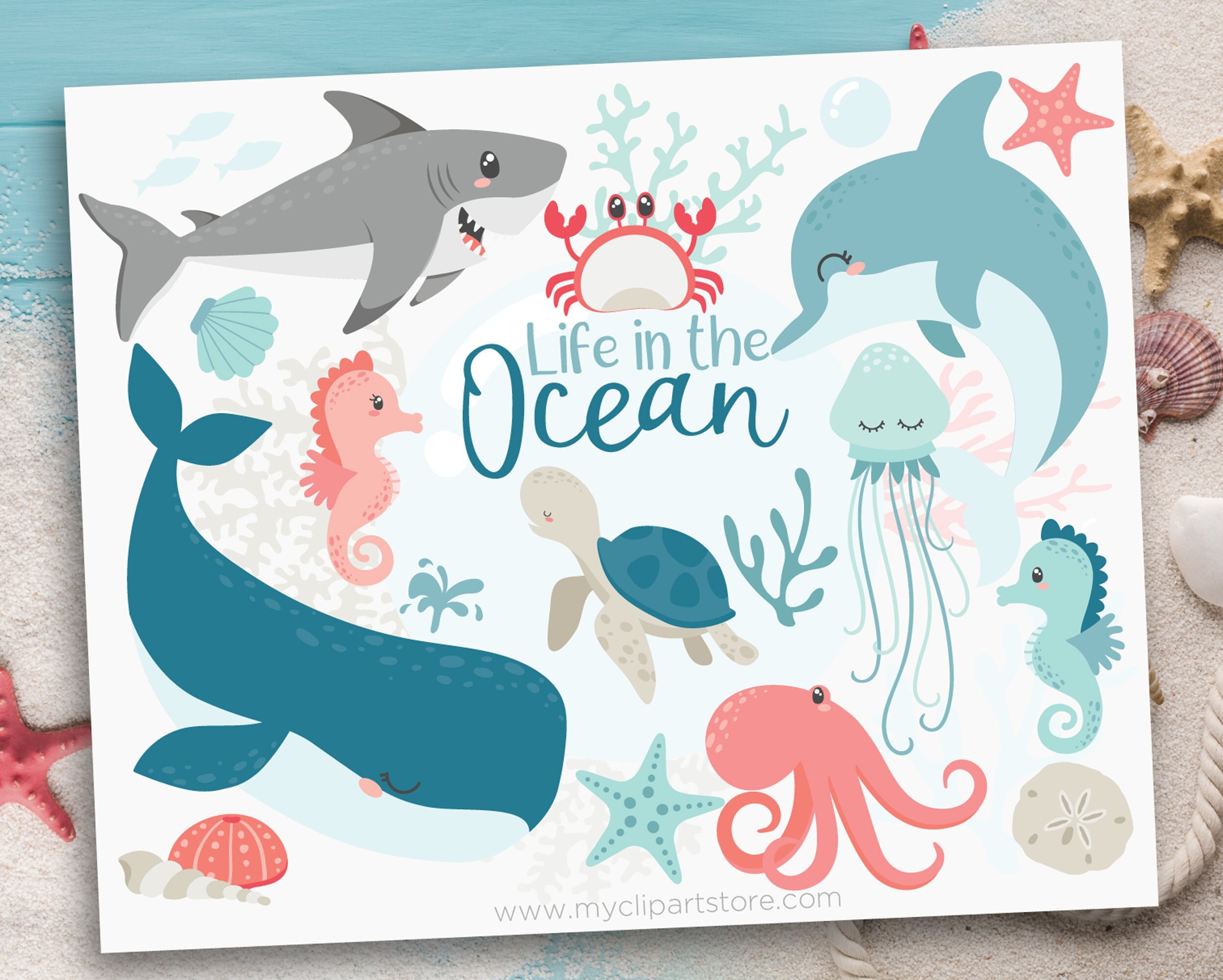 Ocean Life Clipart Under the Sea Shark Whale Dolphin - Etsy