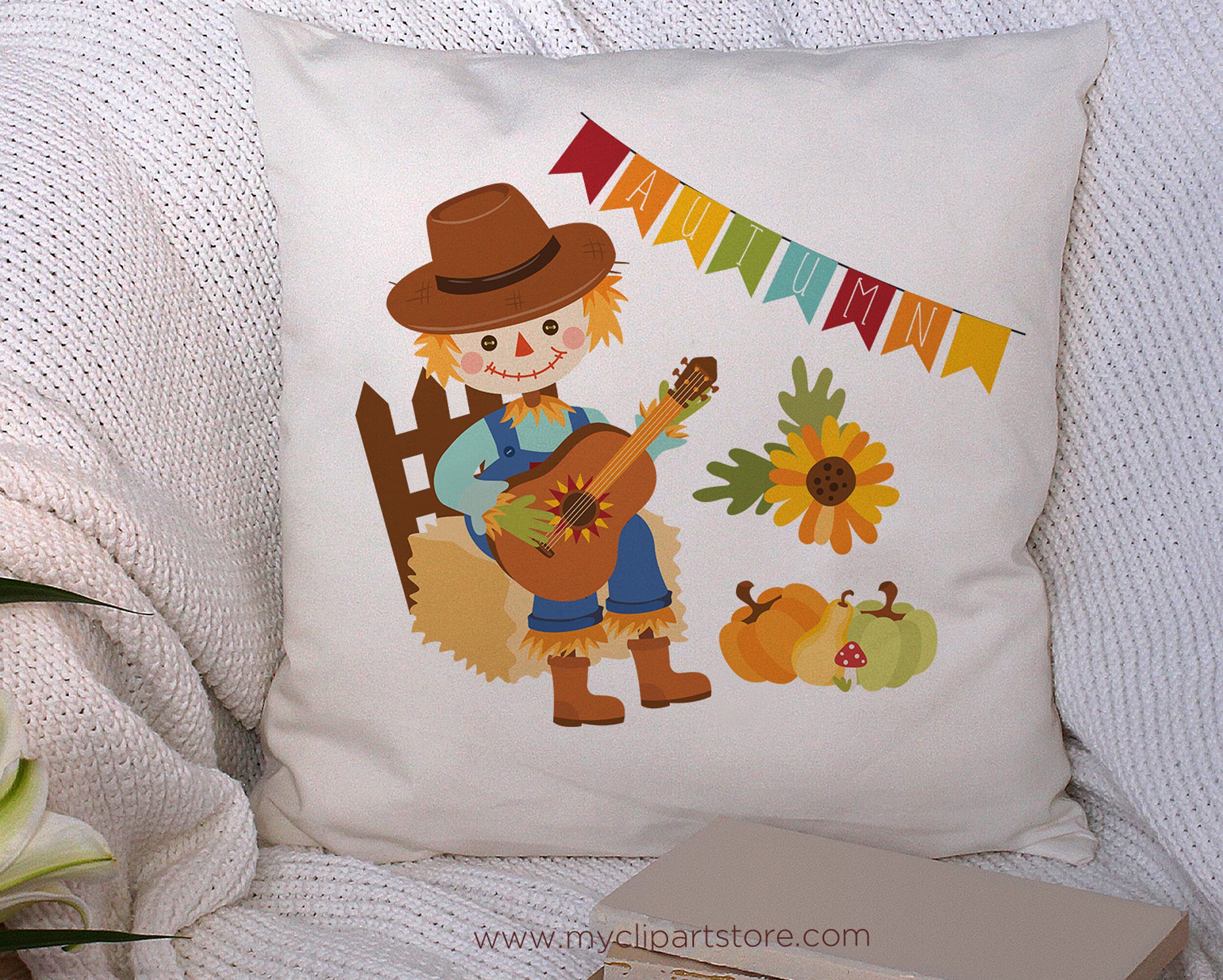 Fall Scarecrow Clipart, Autumn Animals, Harvest, Pumpkins, Wooden ...