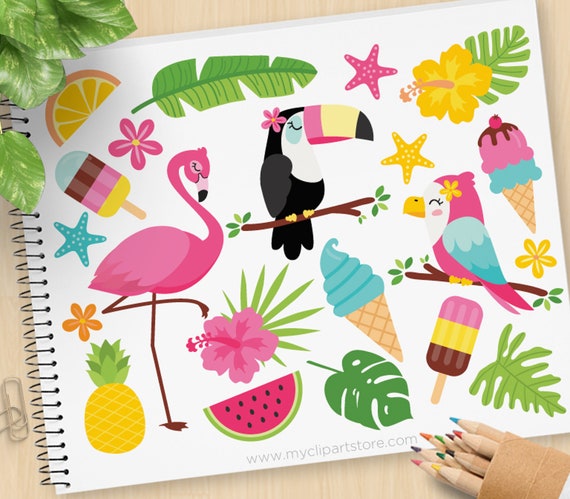 Tropical Summer Clipart, Flamingo, Toucan, Parrot, Tropical plants, ice ...