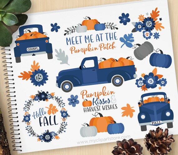 Pumpkin Truck Clipart, Thanksgiving, Farmhouse, Vintage, Fall, Navy ...