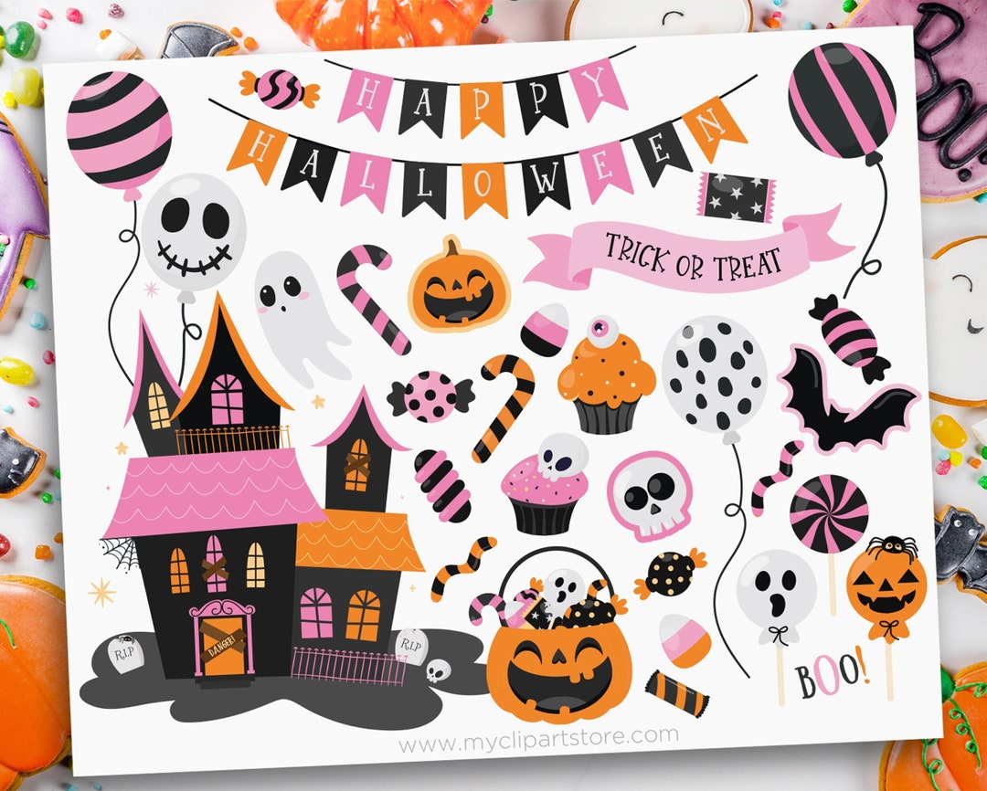 Pink Halloween Clipart, Haunted House, Halloween Candy, Cute Ghost ...