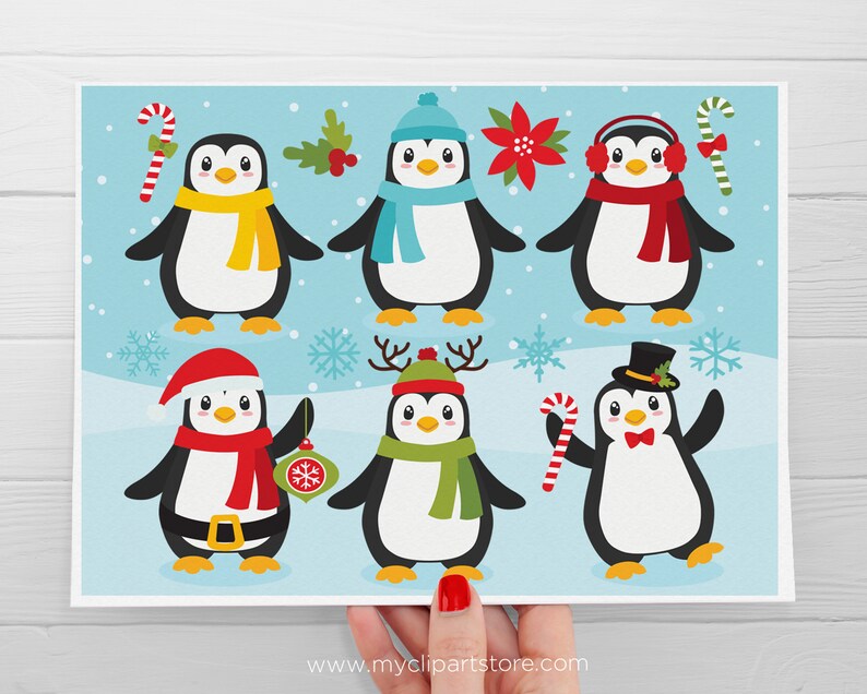 Wintery Penguins Clipart Christmas Ornaments Santa - Etsy