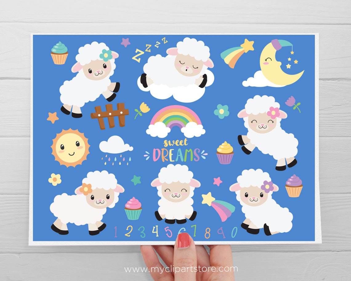 Counting Sheep Clipart Cute Lamb Farm Animals Moon Stars - Etsy