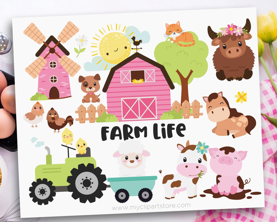 Cute Farm Clipart Farm Animals Pink Barn Farm Birthday - Etsy