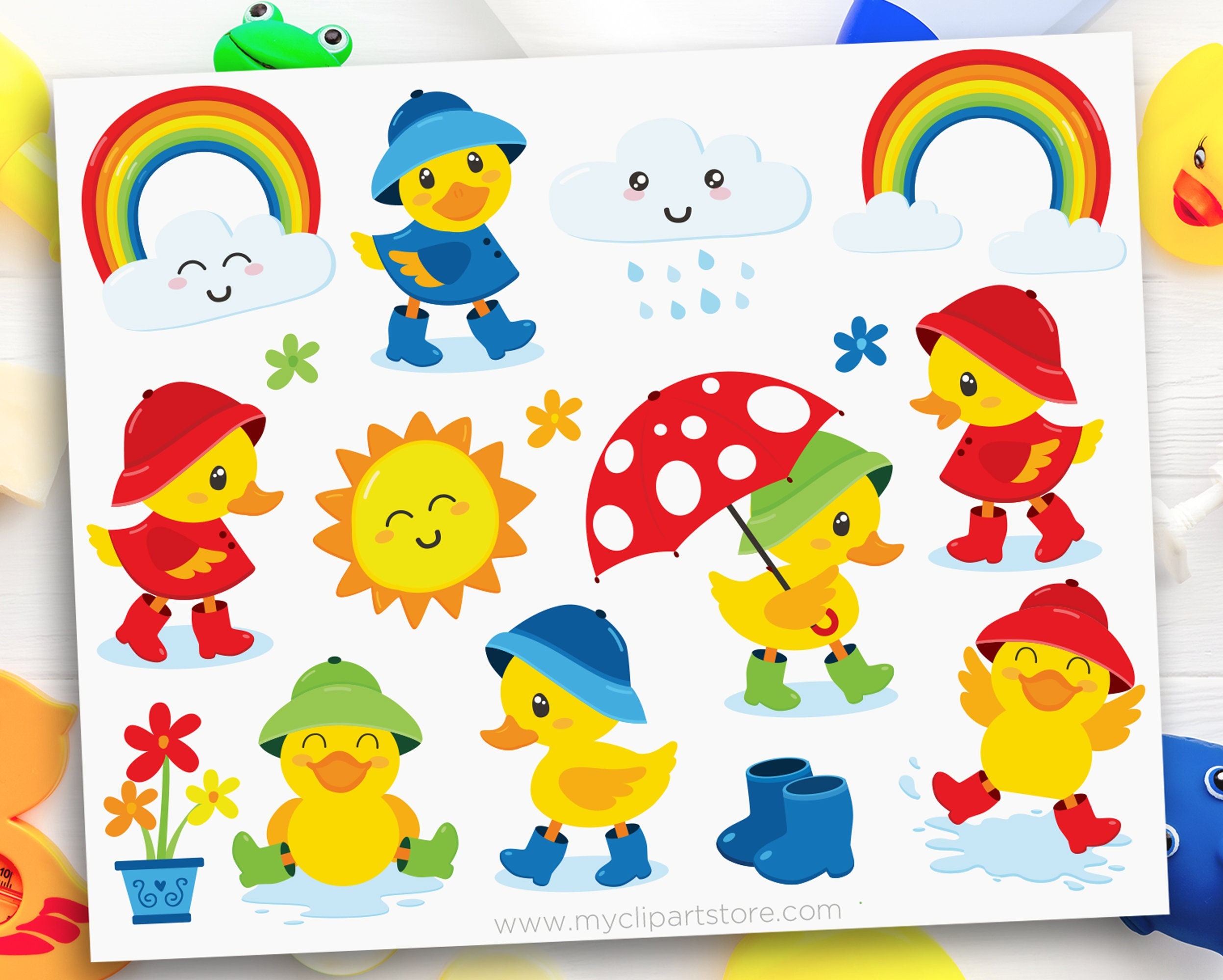 Rainy Day Duck Clipart, Rubber Ducky, Umbrella, Rainbow, Weather, April ...