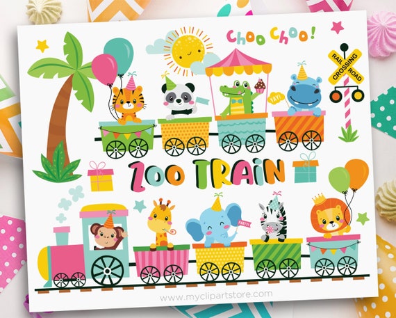Cute Animal Train Clipart, Birthday Animals, Jungle, Safari, Railroad ...