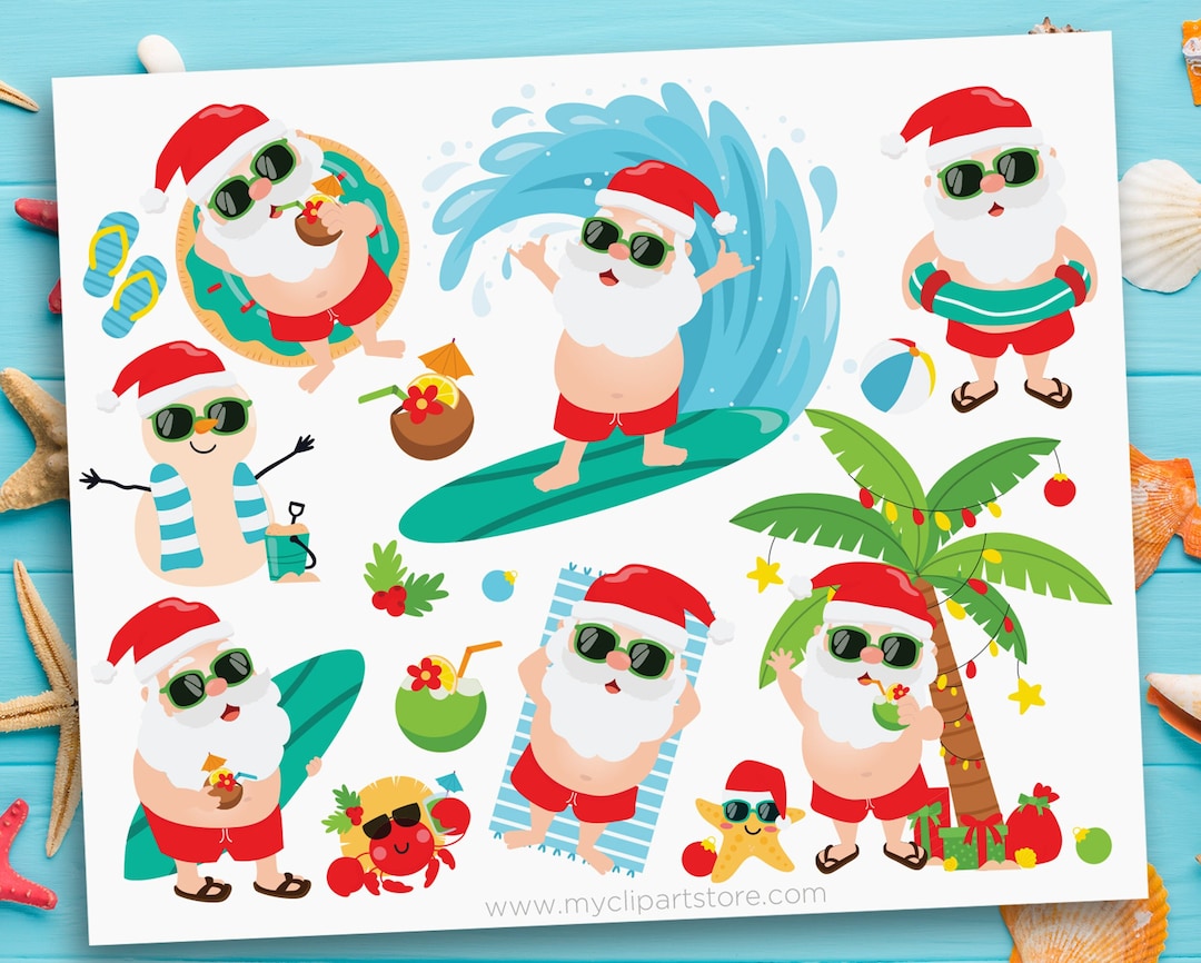 Summer Santa Clipart Beach Christmas Surf Santa Vacation - Etsy