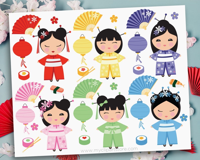 Kokeshi Japanese Dolls Clipart Japan Girl Clipart Paper - Etsy