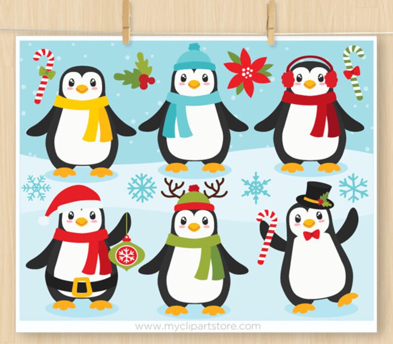 Wintery Penguins Clipart Christmas Ornaments Santa | Etsy