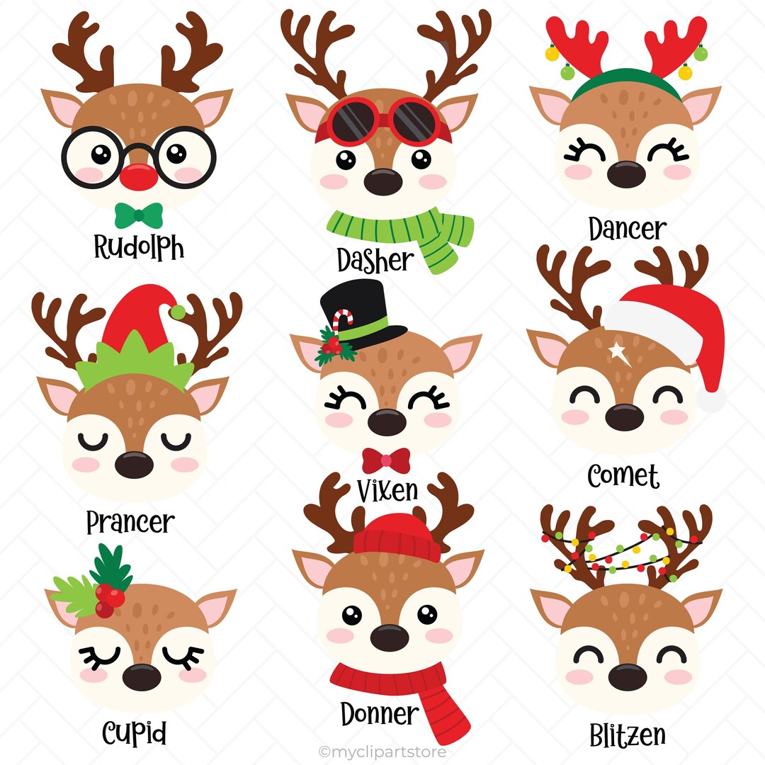 Cute Reindeer Clipart, Santa’s Reindeer Names, Cute Christmas Ornament ...