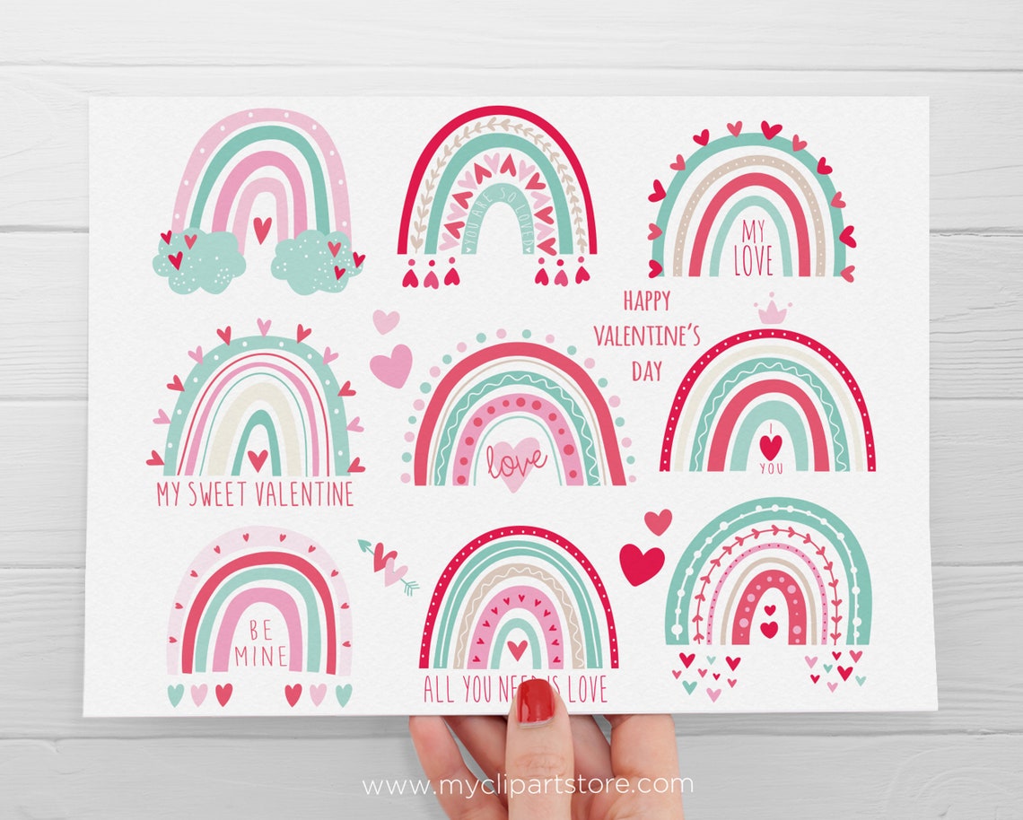 Valentine Rainbows Clipart Valentine's Day Boho Rainbow - Etsy