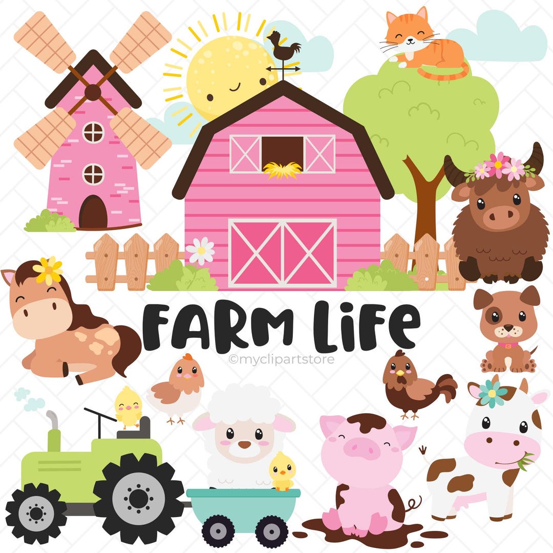 Cute Farm Clipart, Farm Animals, Pink Barn, Farm Birthday, Baby Shower ...