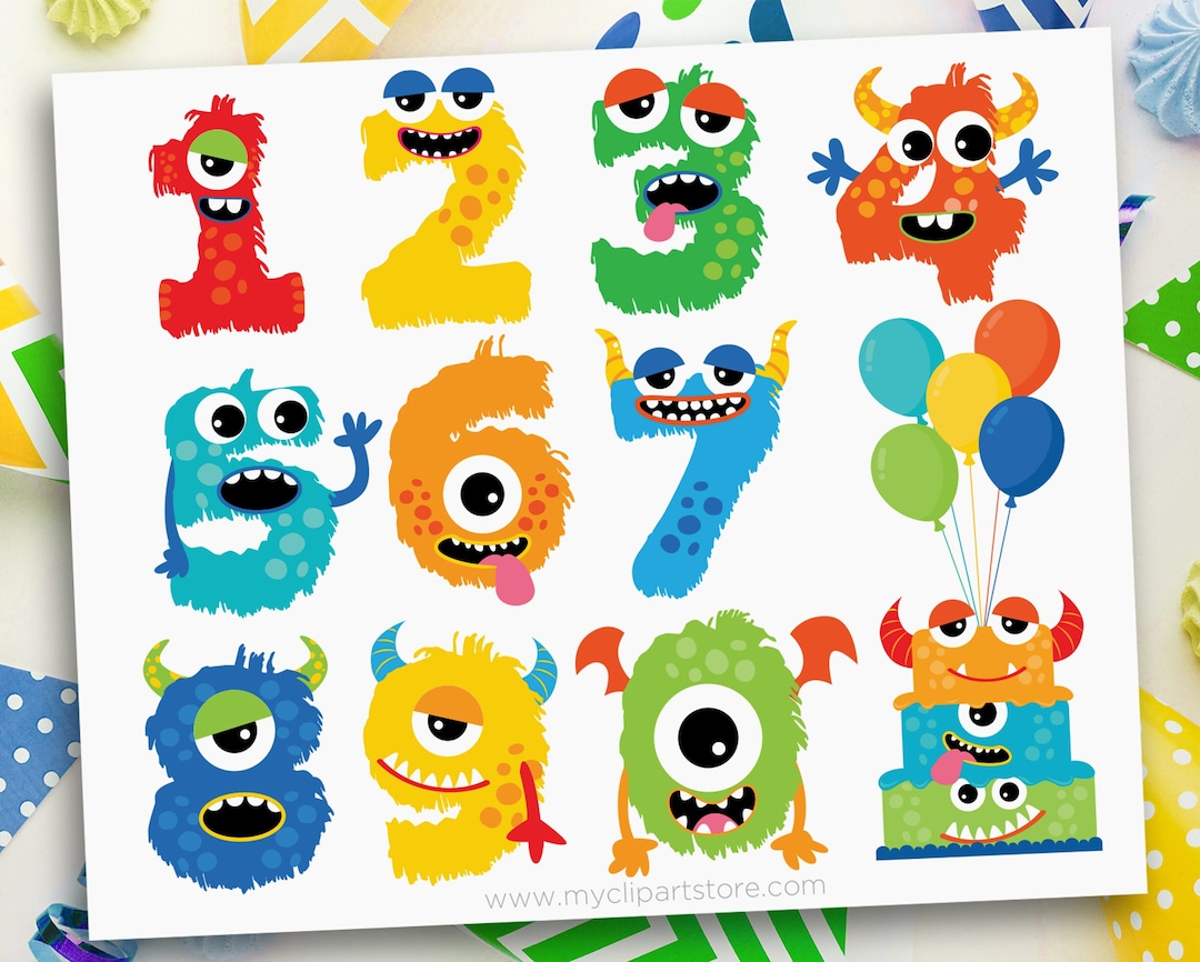 Monster Numbers Clipart: Birthday Cake, Balloons (digital Download) - Etsy