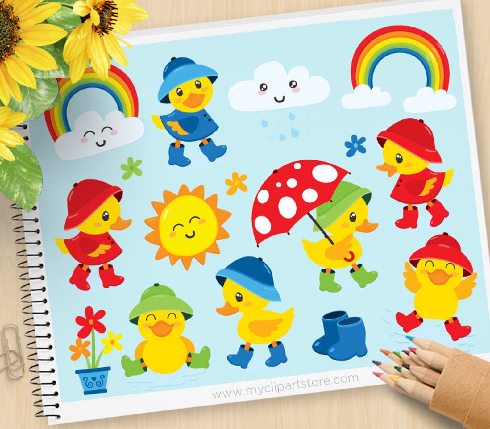 Rainy Day Duck Clipart Rubber Ducky Umbrella Rainbow | Etsy