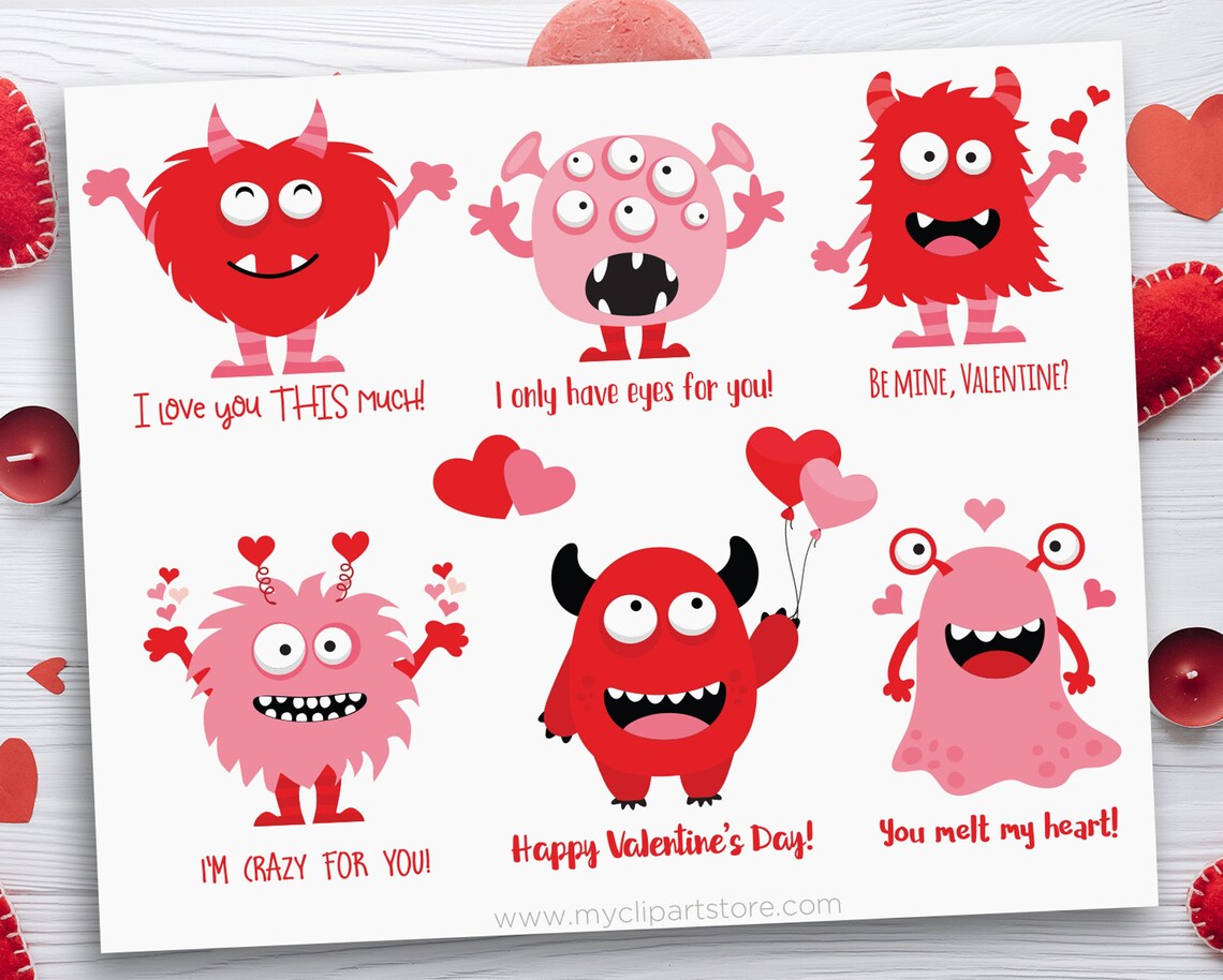 Valentine Monsters Clipart Monster Svg Valentine's Day - Etsy