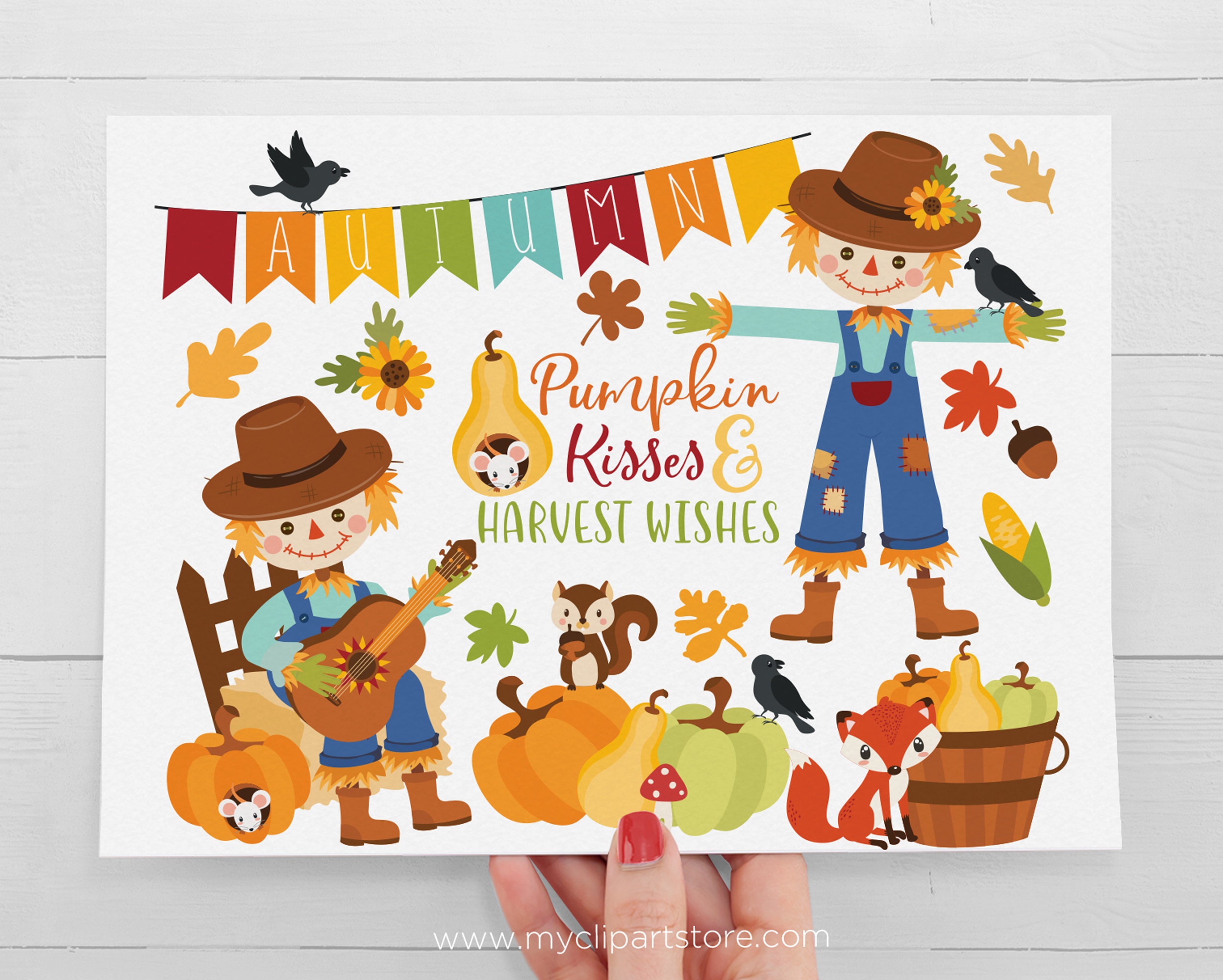 Fall Scarecrow Clipart, Autumn Animals, Harvest, Pumpkins, Wooden ...