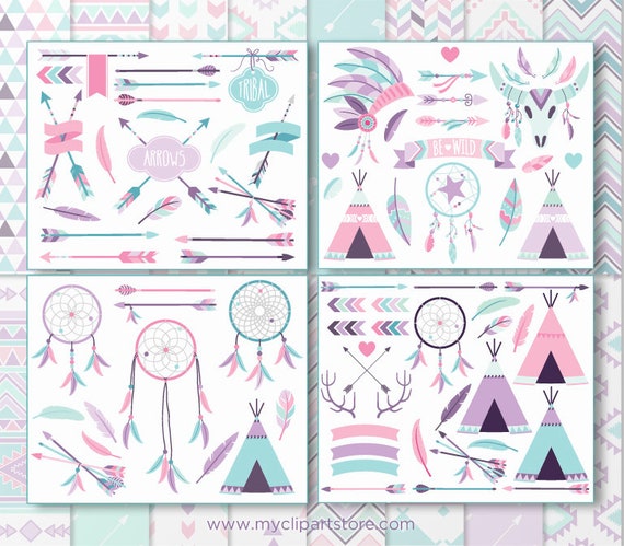 Clipart Bundle - Tribal Girl, Pink, Purple, Bohemian Wedding, Teepee ...