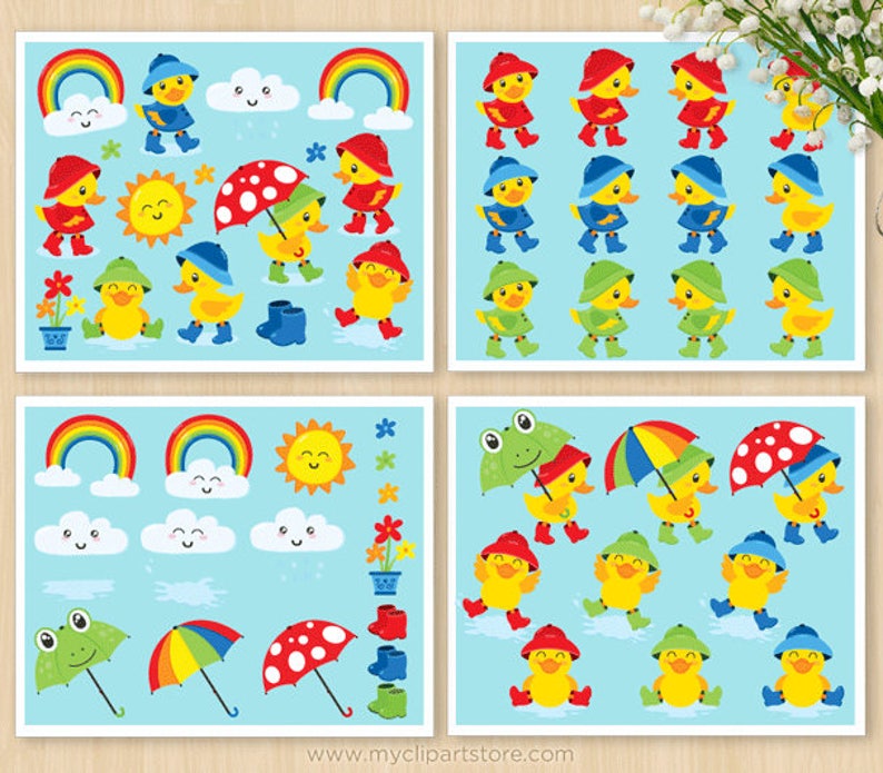 Rainy Day Duck Clipart Rubber Ducky Umbrella Rainbow | Etsy