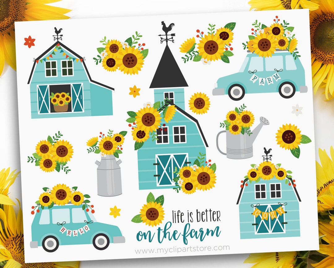 Farmhouse Clipart, Sunflower Farm, Fall Autumn Flowers, Thanksgiving ...